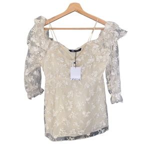 Zara | Tops | Nwt Zara Cream Vanilla Embroidered Ruffle Floral Off ...